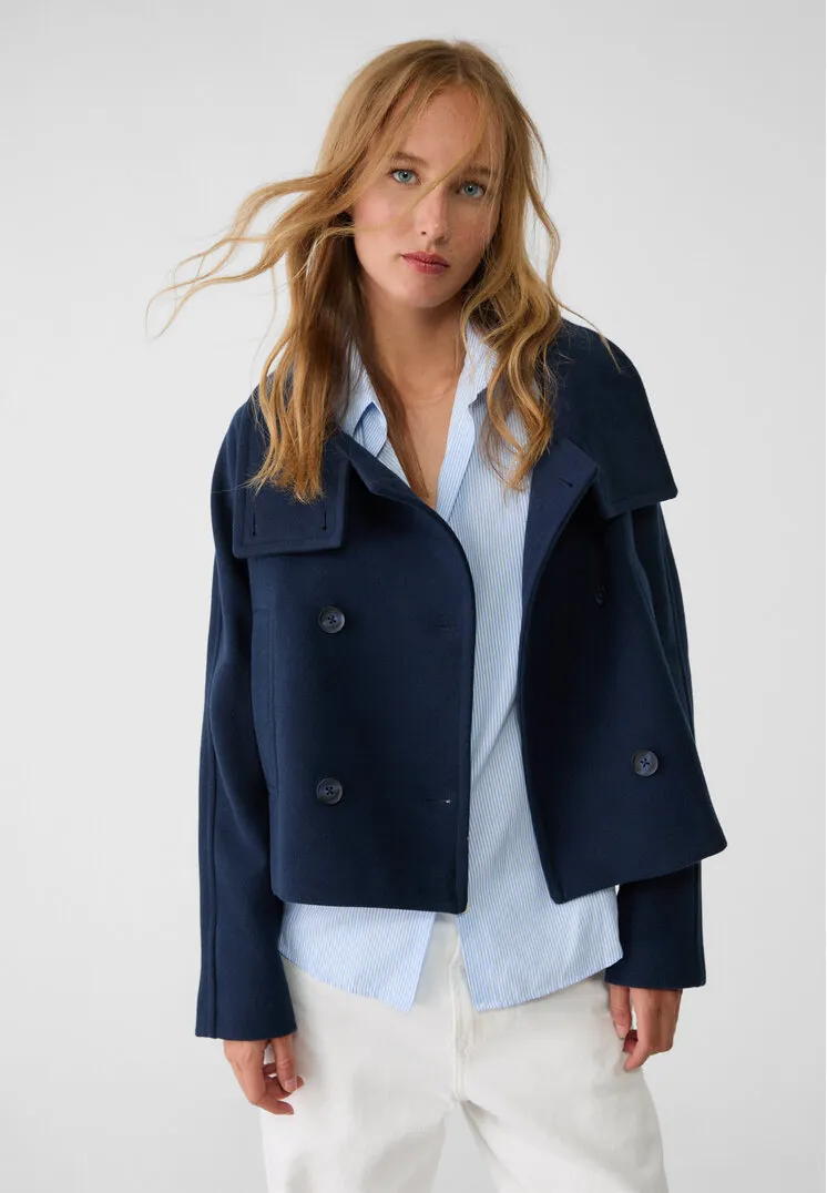 Short double-breasted high neck coat Navy blue – American Store